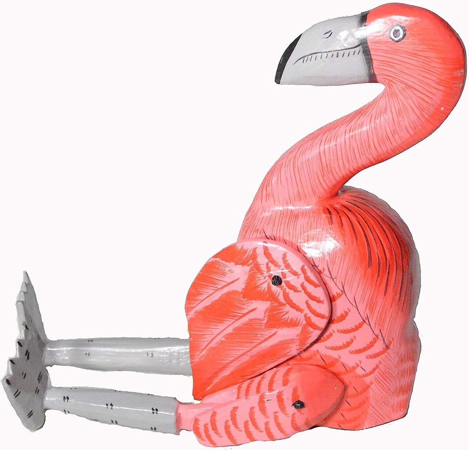 Shelf Sitter Pink Flamingo Statue Hand Painted Carved Wood Meditating ...