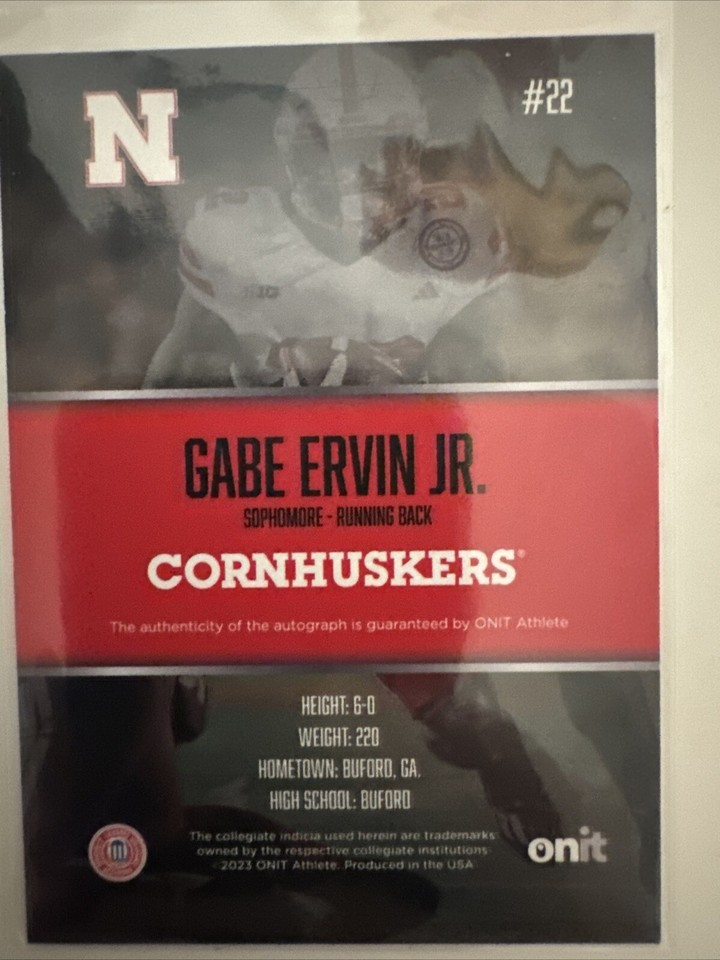 2023 Onit Athlete GABE ERVIN JR Auto /250 Nebraska Cornhuskers On Card ...