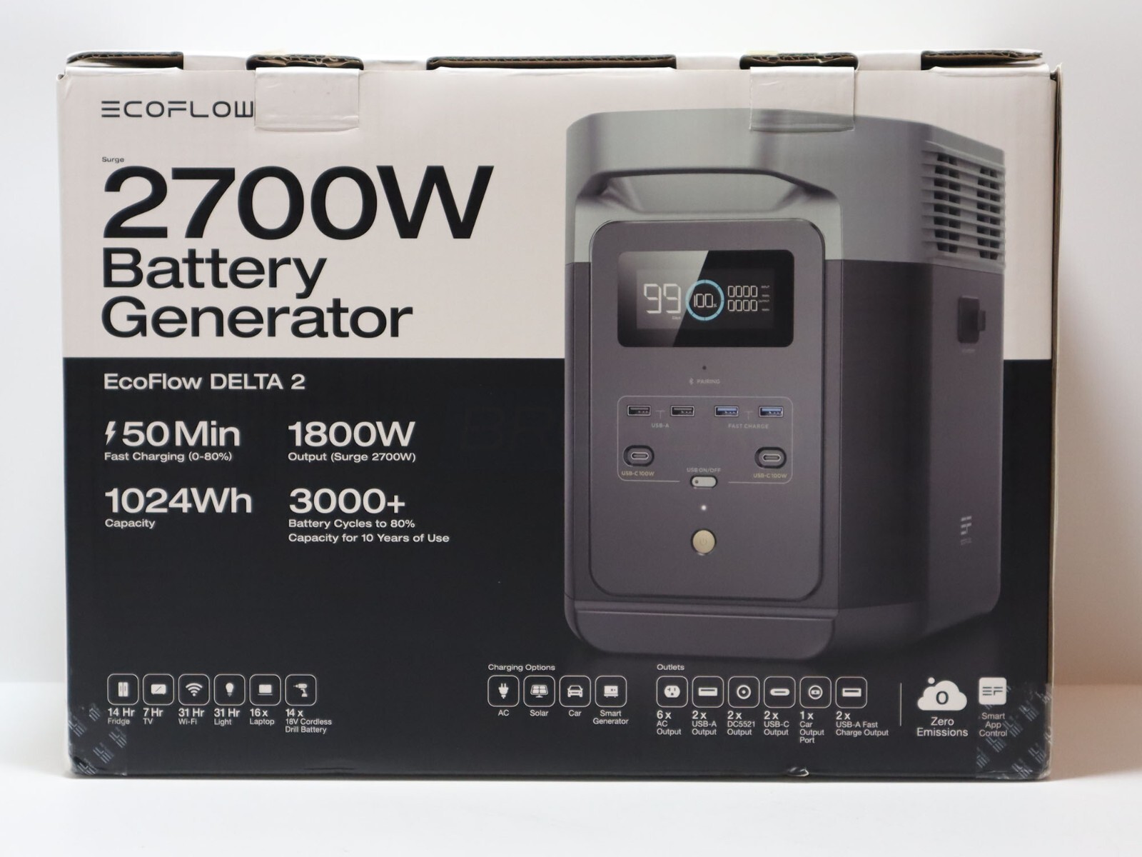 EcoFlow Delta 2 1kWh 1800W/2700W Power Station EFD330 Battery Generator ...