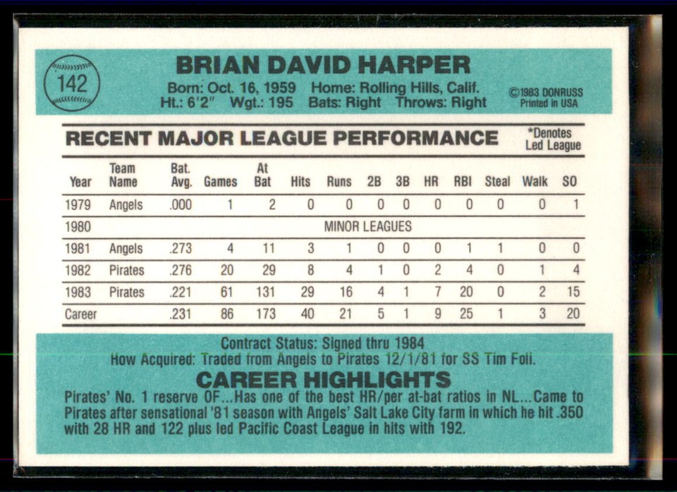 1984 Donruss Brian Harper RC #142 Pittsburgh Pirates | eBay