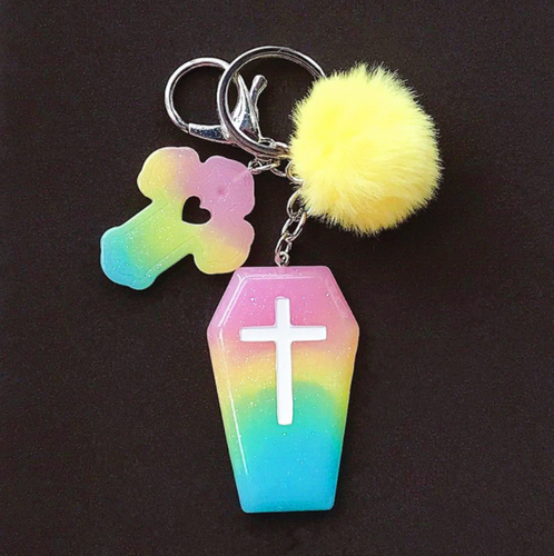Glitter Cross Coffin Keychain Kawaii Pom Pom Ball Gothic Crucifix ...