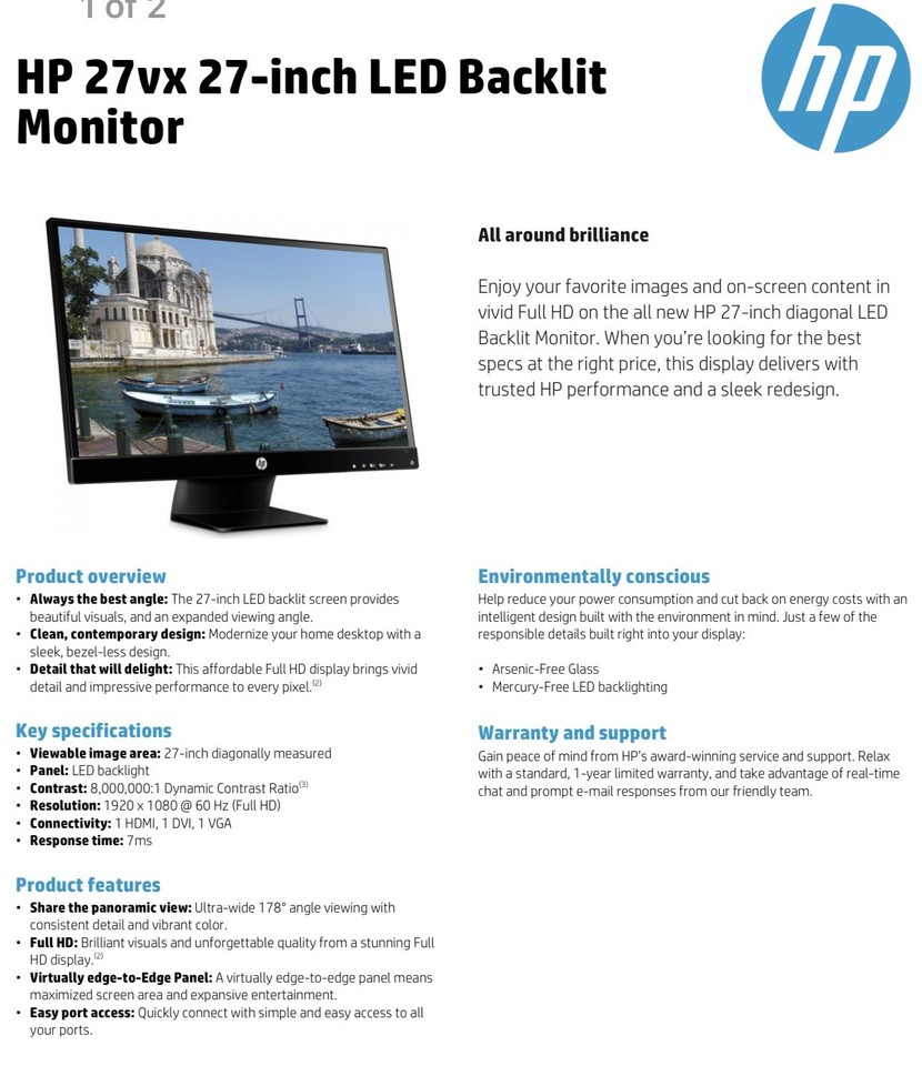 HP Black LED Backlit Full HD 27 Inch 27vx IPS HDMI VGA DVI Monitor | eBay