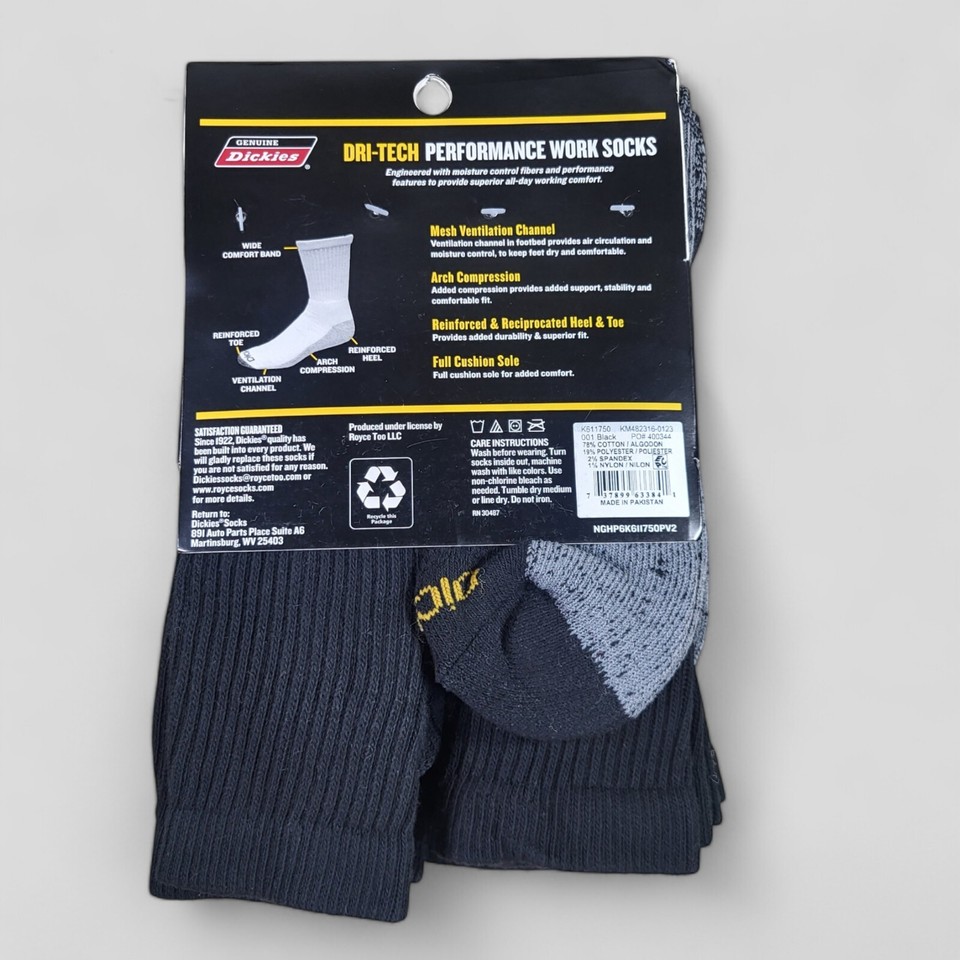 DICKIES Mens Sock Crew Dri Tech Work Socks Flex Boot 6 Pair Shoe Size 6 ...