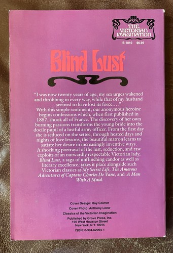 Blind Lust, A Victorian Novel, Anonymous, 1st Grove Press Evergreen ed ...
