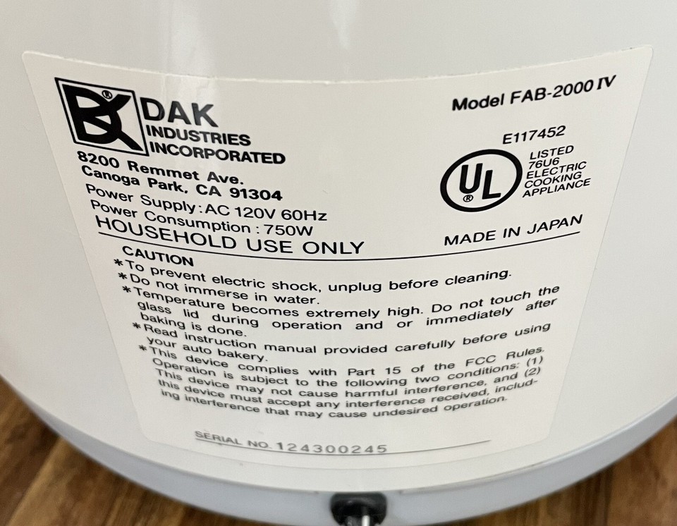 DAK Turbo Baker IV Bread Machine — Tested/Working — FAB-2000 IV — See ...