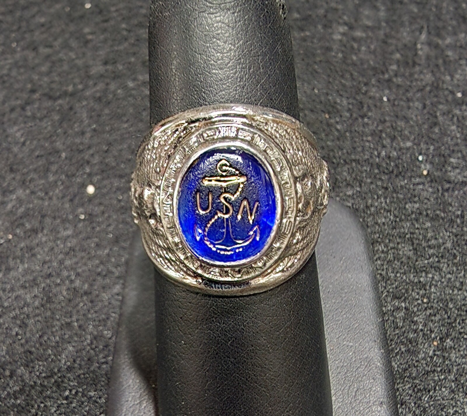 Unusual Vintage US Navy Ring Sterling Silver Size 8.5 - Blue Engraved ...