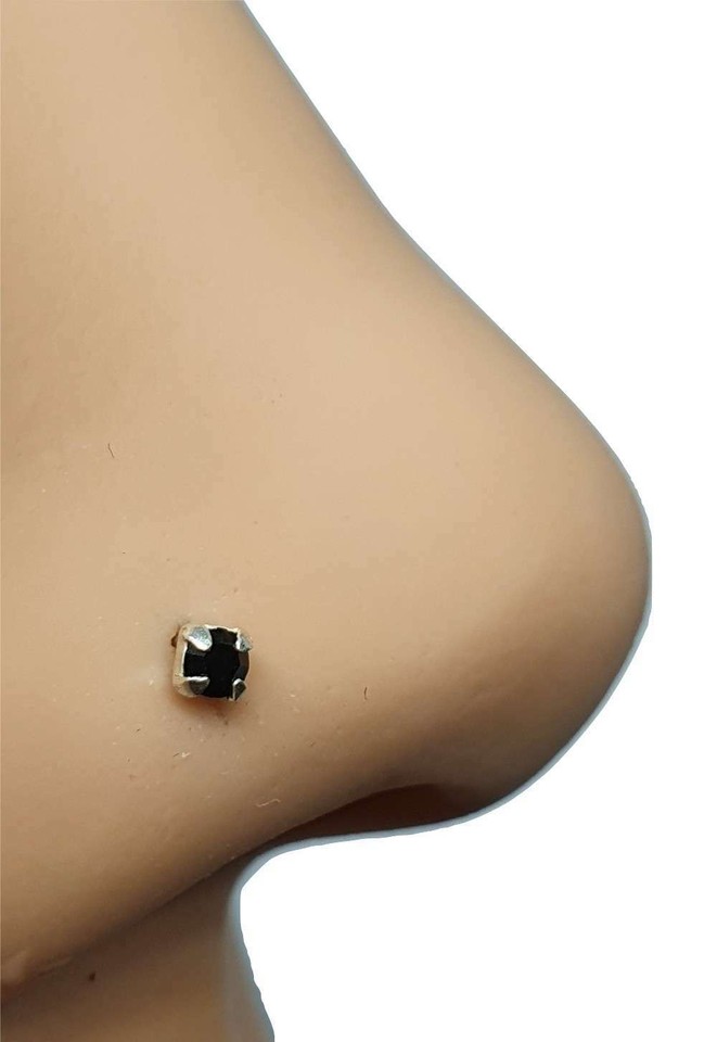 Obsidian Nose Stud Black Gemstone 22g (0.6mm) 925 Silver 1.8mm Claw Set ...