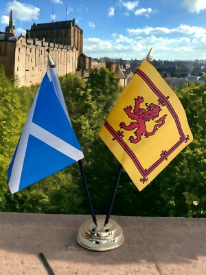 SCOTLAND LION and ST ANDREW LIGHT BLUE TABLE FLAG SET 2 flags & BASE ...