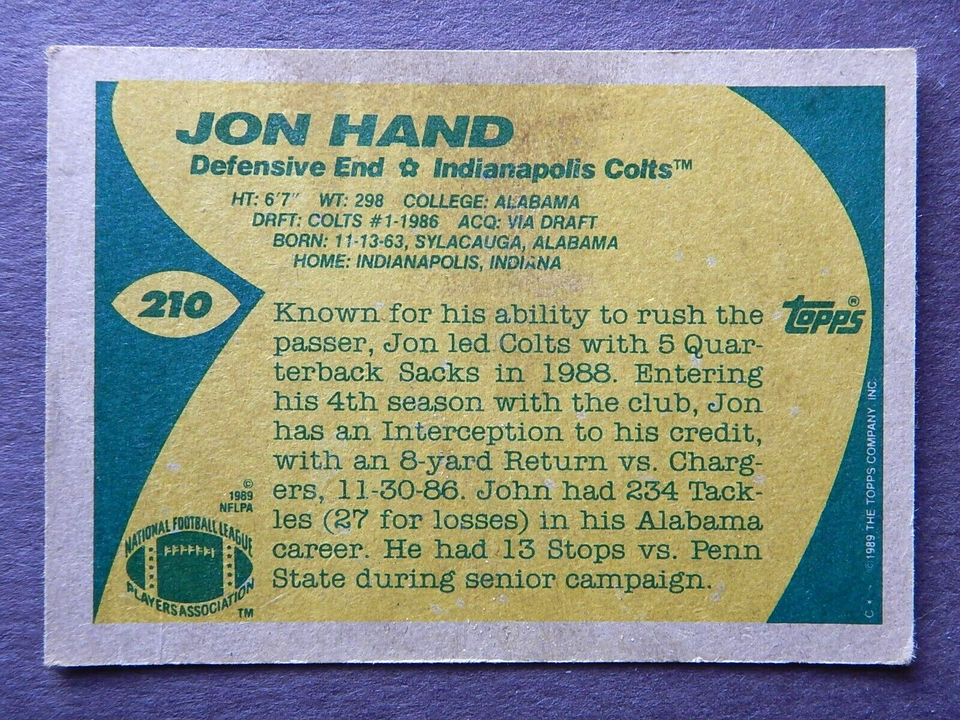 Jon Hand #210 Topps 1989 Football Card (Indianapolis Colts) G | eBay