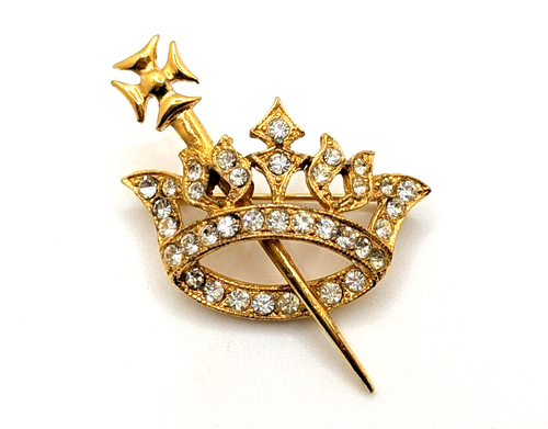 Vtg Crown and Scepter Pin by ORA Rhinestones Gold Tone Signed 1960s ...