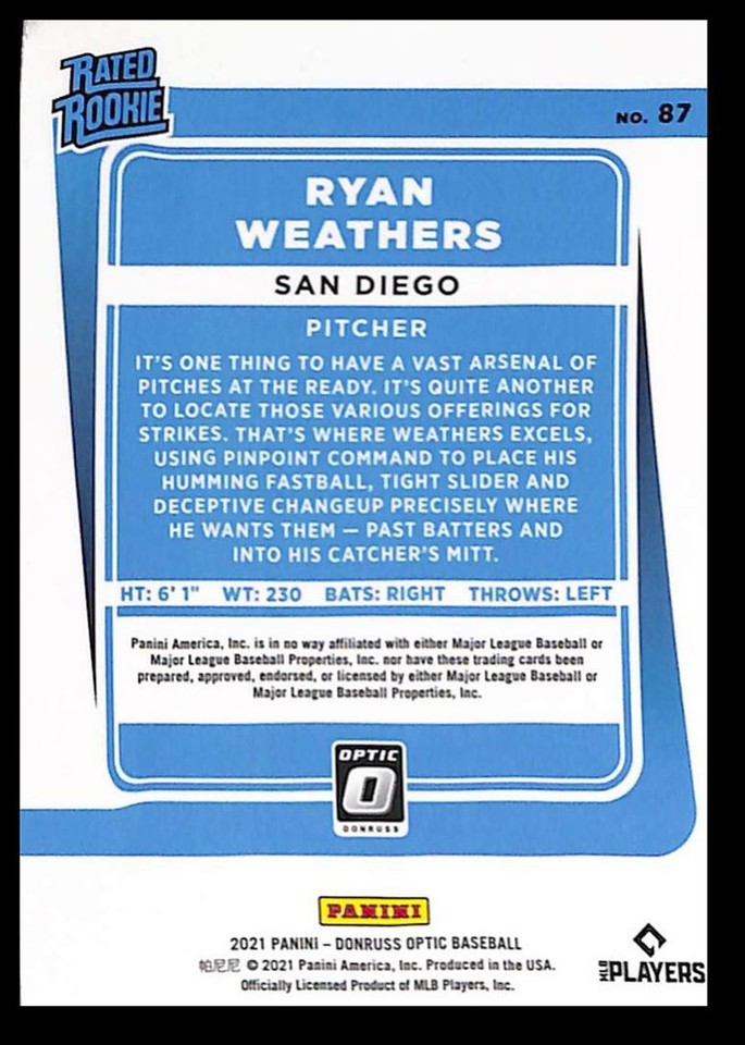 2021 Panini Donruss Optic Rated Rookie Ryan Weathers Rookie San Diego ...