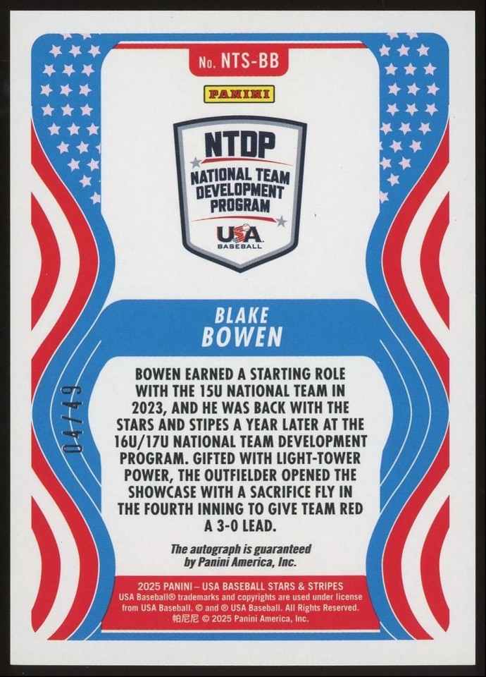 Blake Bowen Rookie /49 #NTS-BB 2025 Panini USA Stars & Stripes Fireworks Auto | eBay