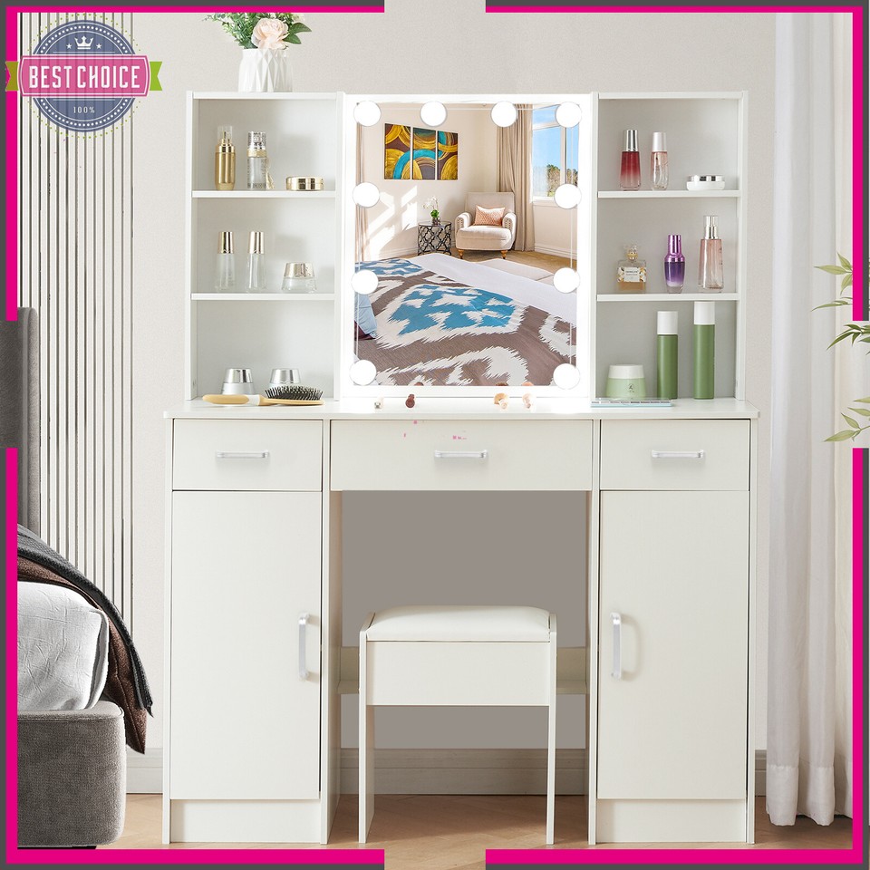 White Makeup Table Vanity Desk Set With LED Lights Mirror & Stool Dressing Desk | eBay