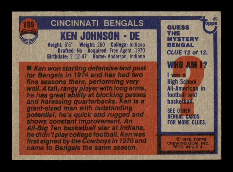 1976 Topps # 189 Ken Johnson Card (B64) Cincinnati Bengals | eBay
