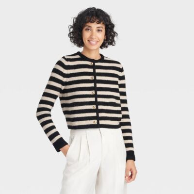 Women's Ribbed Cuff Button-Front Cardigan - A New Day Black Striped L ...