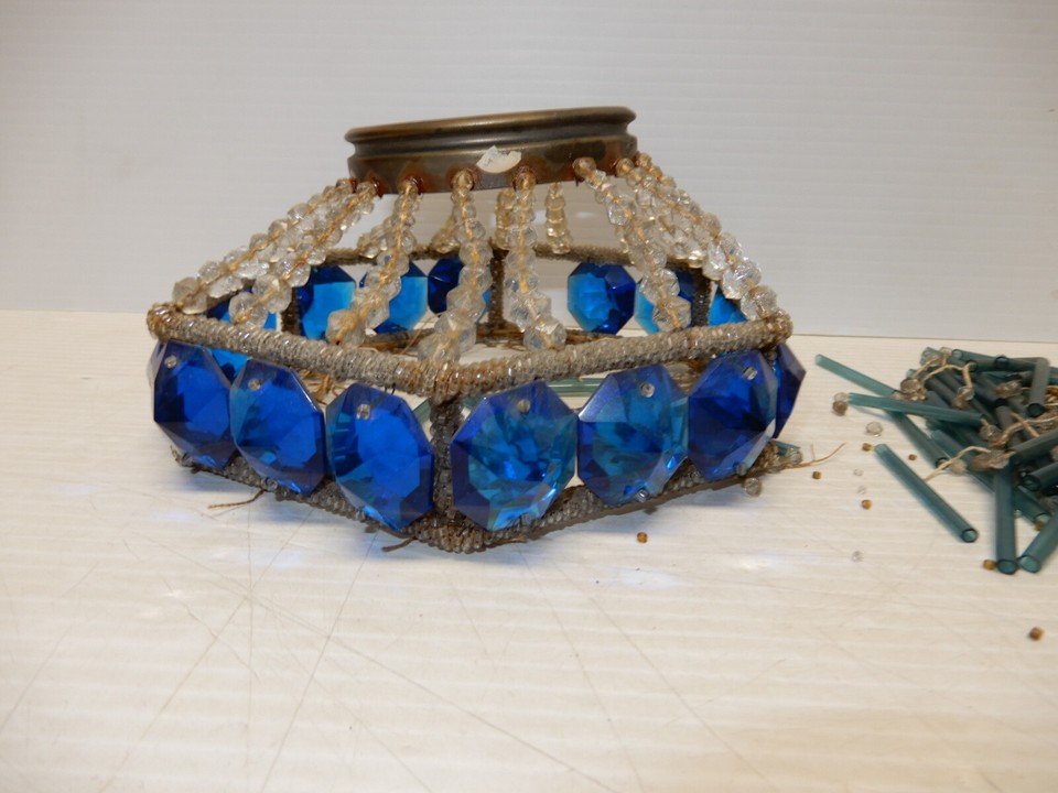 ANTIQUE BEADED LAMP SHADE LARGE BLUE CUT GLASS CRYSTALS | eBay