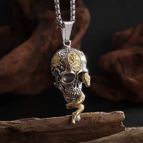 Skull Snake Pendant Necklace & Chain Metal HIGH QUALITY Silver & Gold ...