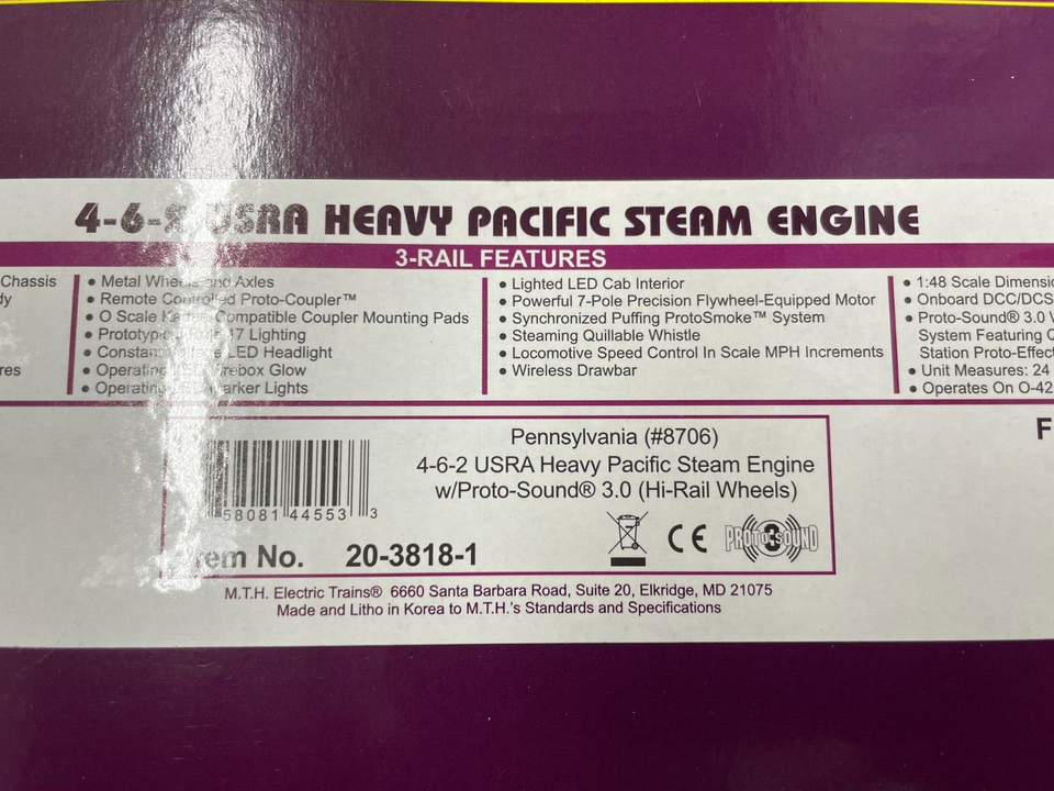 MTH 20-3818-1 Pennsylvania PRR Green Pacific 4-6-2 Steam #8706 w/Tender ...