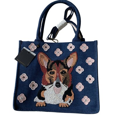 America & Beyond Beaded Corgi Dog Denim Critter Shopper Tote Bag New | eBay