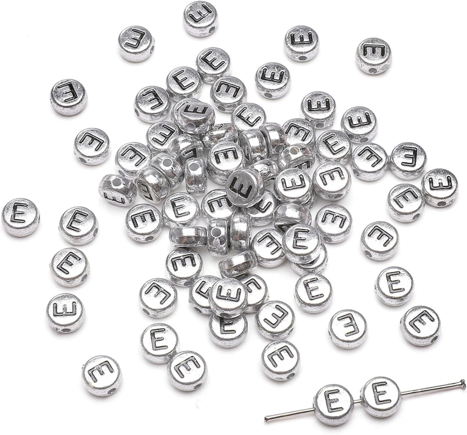 200Pcs round Ancient Silver Letter E Beads,4X7Mm Flat Vowel Letter-E ...
