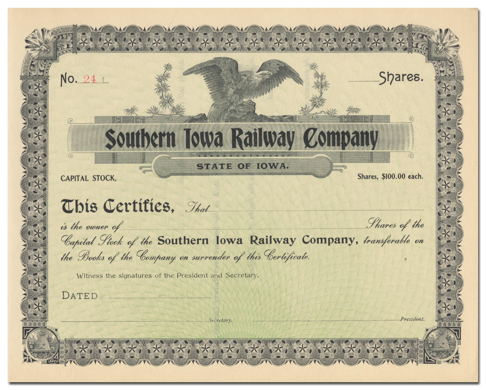 Southern Iowa Railway Company Stock Certificate (Early 1900's) | eBay