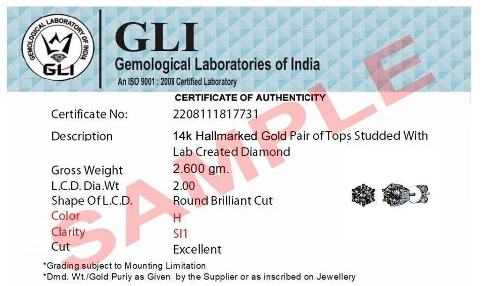 Round Diamond Earrings GLI HRD Certified Lab Created 2 Carat PT950 ...