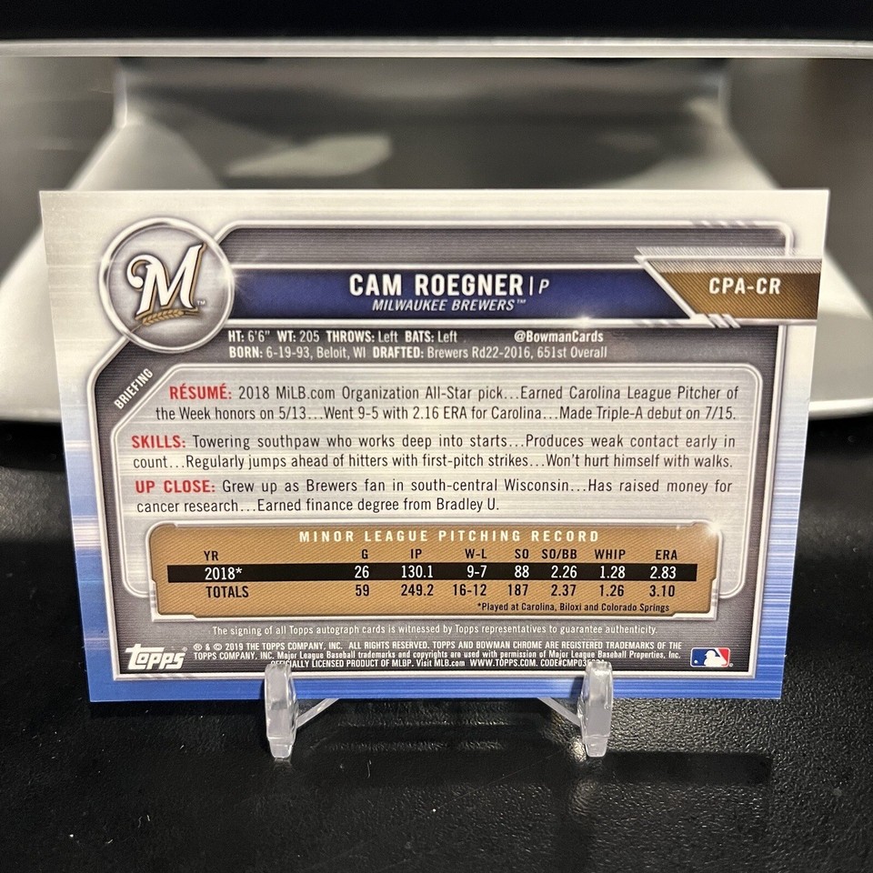 2019 Bowman Chrome Prospects Blue Refractor /150 Cam Roegner #CPA-CR ...