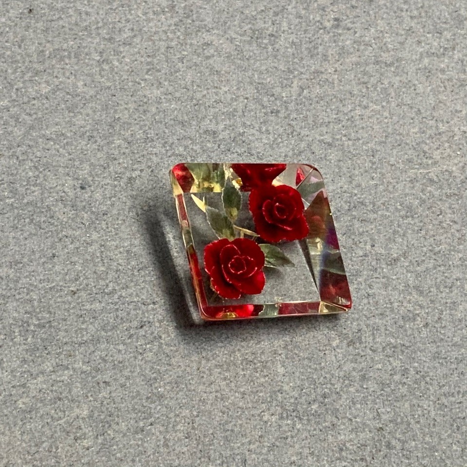 Red Rose Pin Brooch Square Shape Green Leaves Beveled Clear Acrylic ...