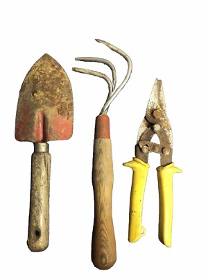 3 Vintage Hand Held Garden Tools Shovel Spade 3 Prong Rake Hoe ...