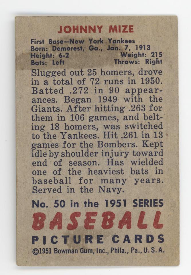 Johnny Mize 1951 Bowman Trading Card. New York Yankees. Hall of Famer ...