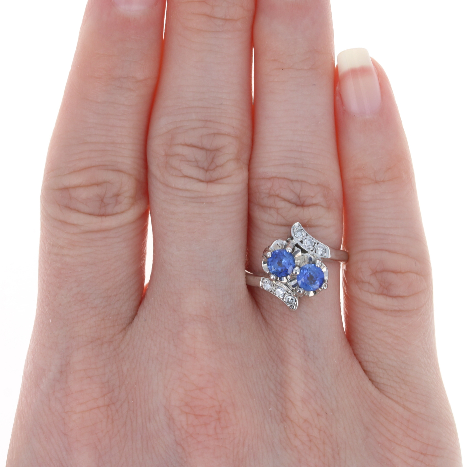 White Gold Sapphire & Diamond Vintage Two-Stone Bypass Ring - 14k Round ...