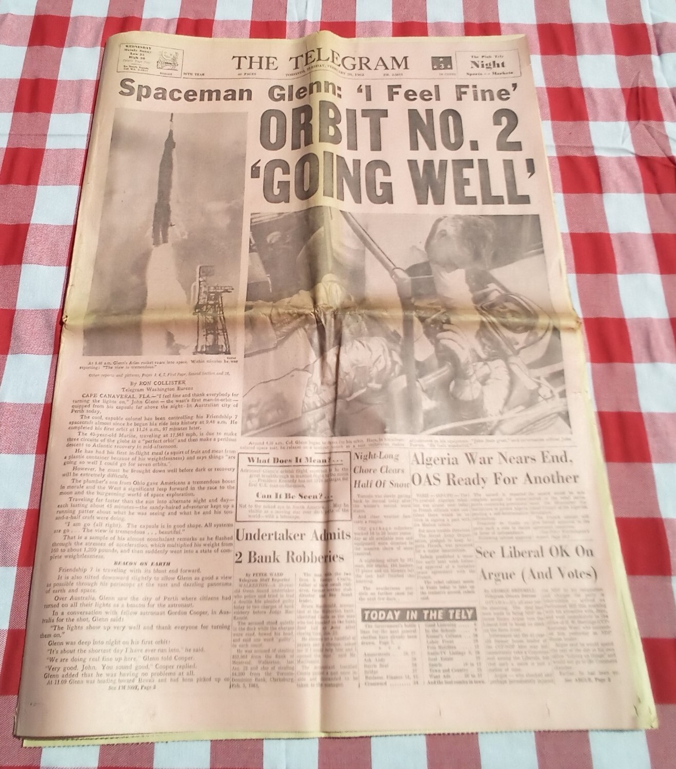John Glenn in Orbit - Toronto Telegram Newspaper Feb. 20 1962 Pink ...