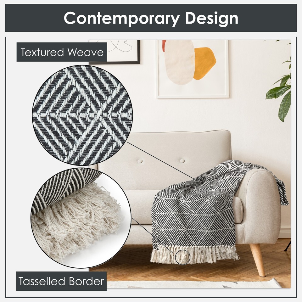 Throw Blanket for Sofas Couch Bed Runner Scandi Woven Soft Cotton Zahra ...