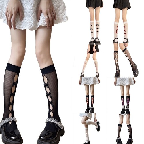 Women Gothic Fishnet Mesh Calf Socks Hollow Hole Bowknot Ruffled Trim ...