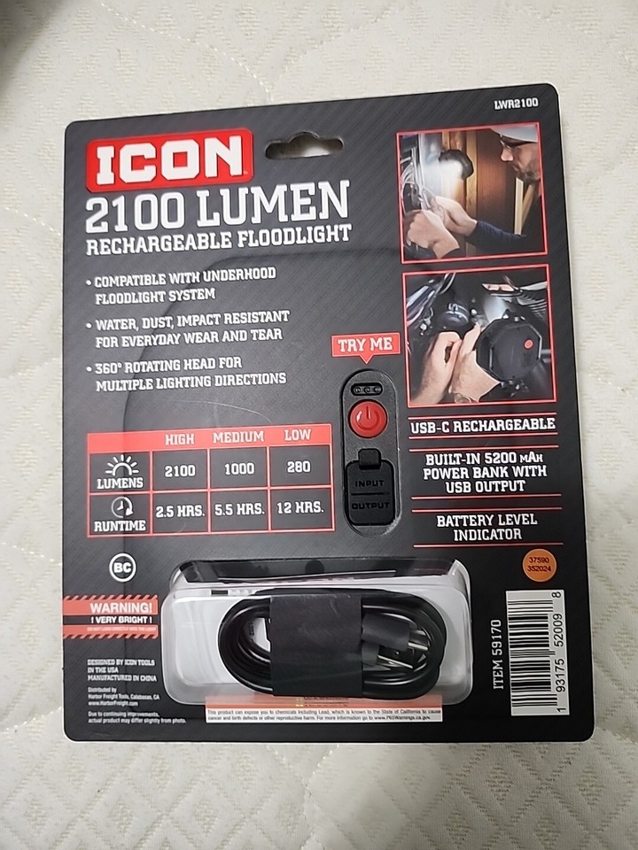 Icon 59170 2100 Lumen LED Rechargeable Magnetic Floodlight LWR2100 New ...