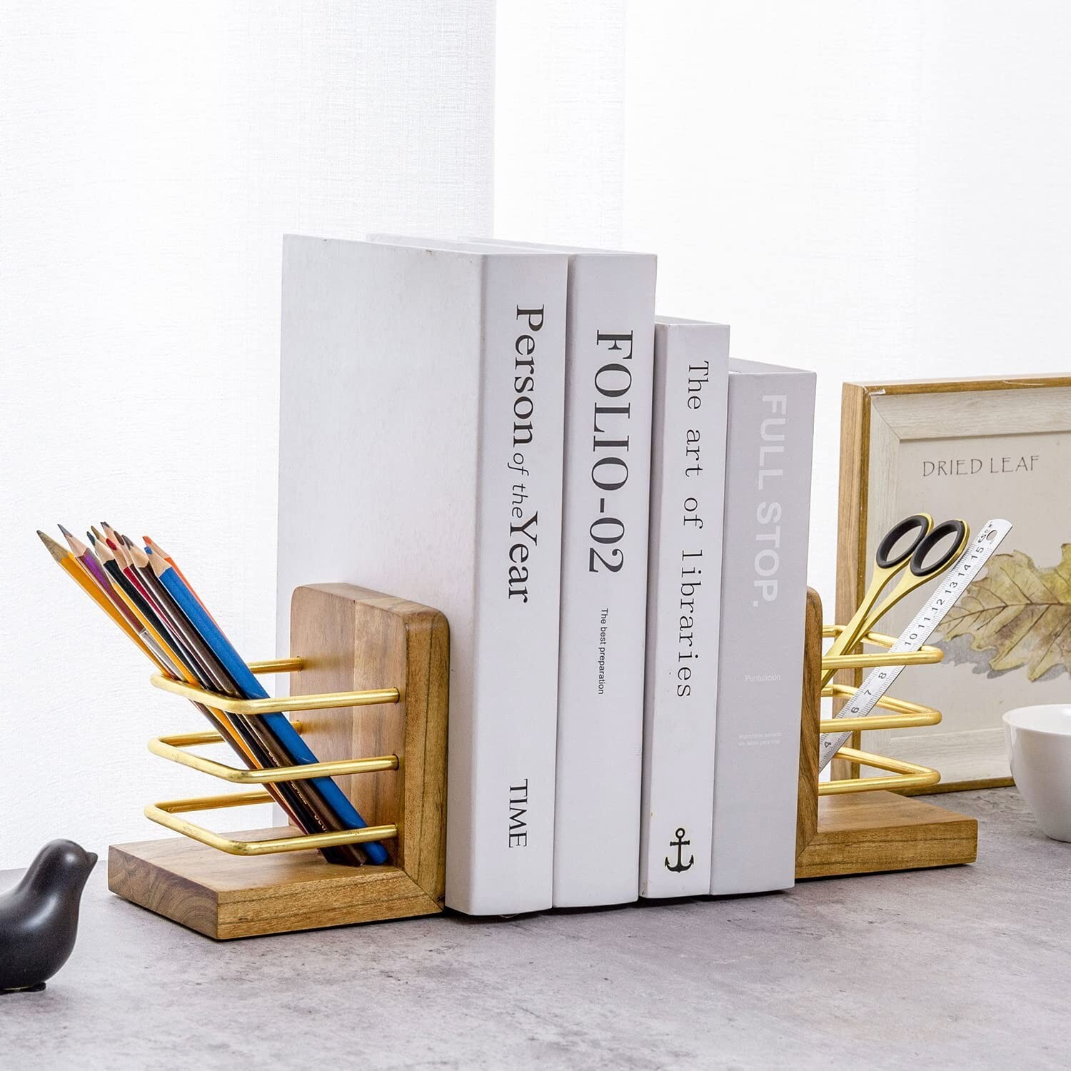 Wood and Metal Wire Decorative Bookend with Slot Storage for Pens ...