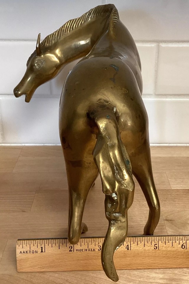 Vtg Lg Brass Horse Statue Gold Mustang MCM Equine Figurine Tabletop ...