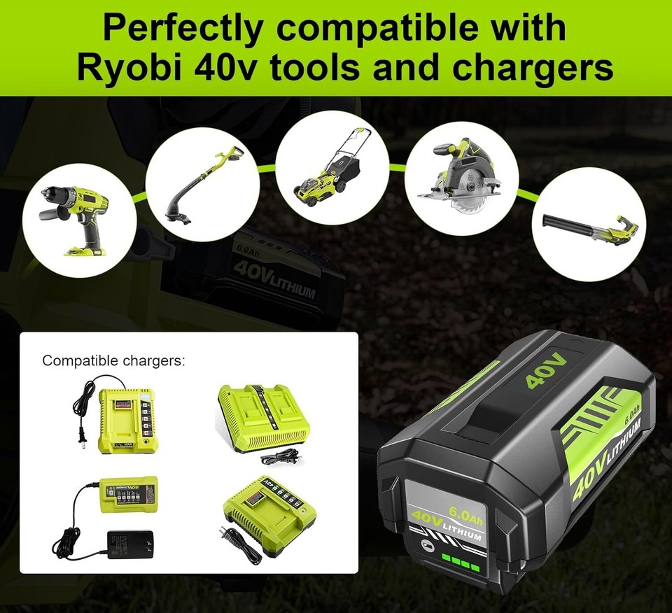 for Ryobi 40V Battery 6.0Ah fit for Ryobi 40V Cordless Power Tools ...