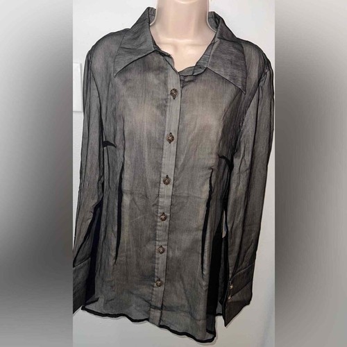 Women’s black sheer button up blouse with white liner underneath sheer ...