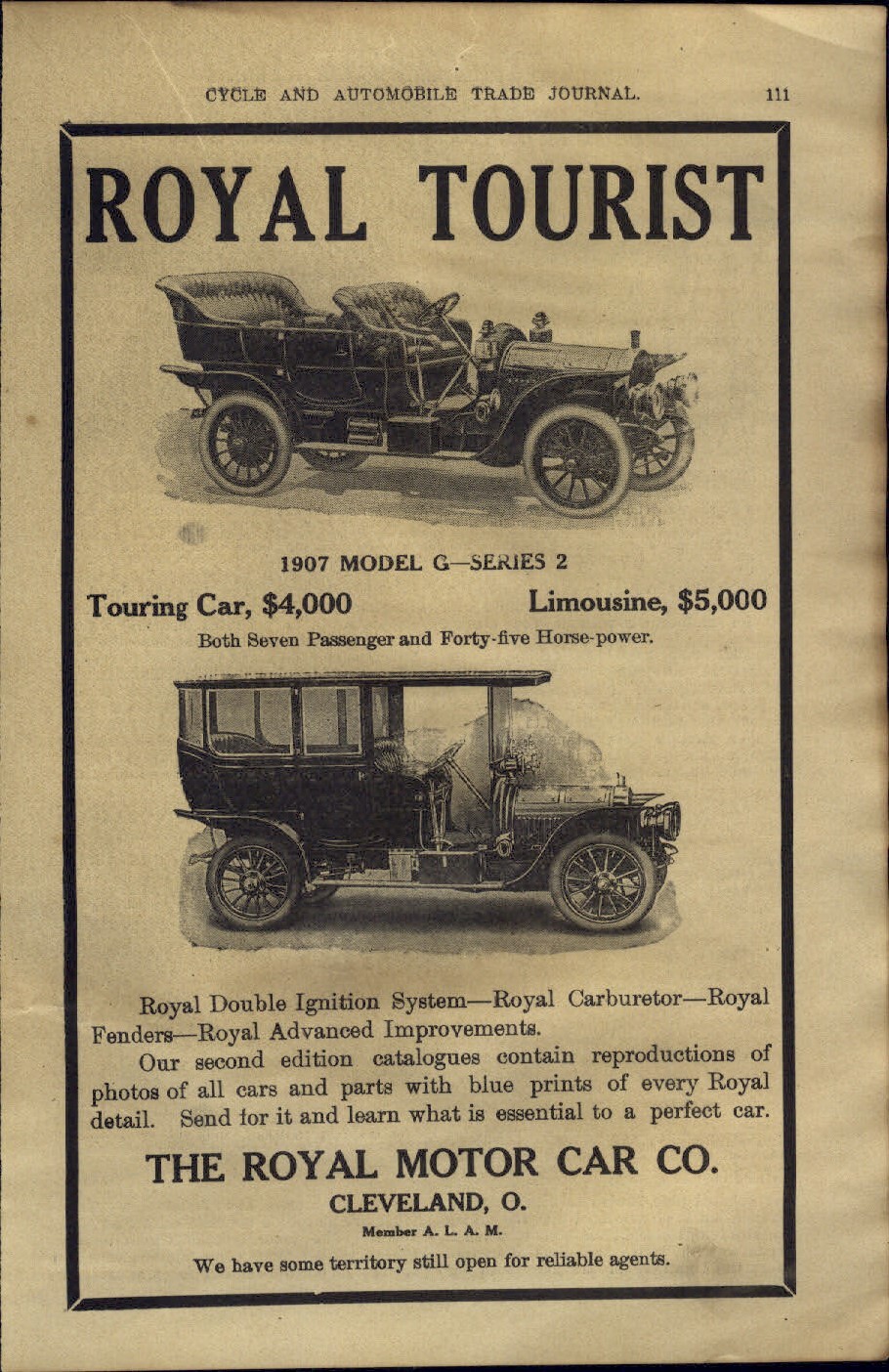 1907 PAPER AD CAR AUTO Royal Tourist Automobile Model G Touring ...