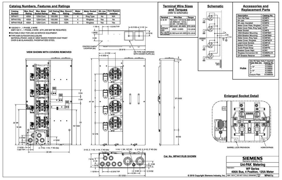 Siemens WP4411RJB 4-Gang 400A 125 Amp RINLGESS x JAW HORN BYPASS Meter ...