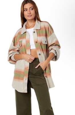 Free People Jacket ~ Size L ~ Tan Striped Shacket Button Down Oversized ...