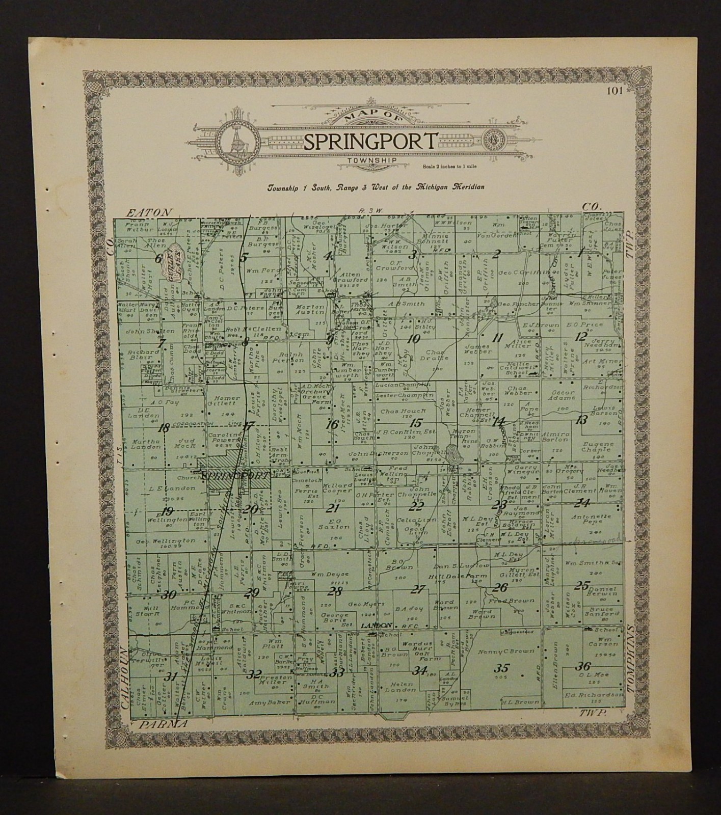 Michigan Jackson County Map Springport Township 1911 L19#24 | eBay
