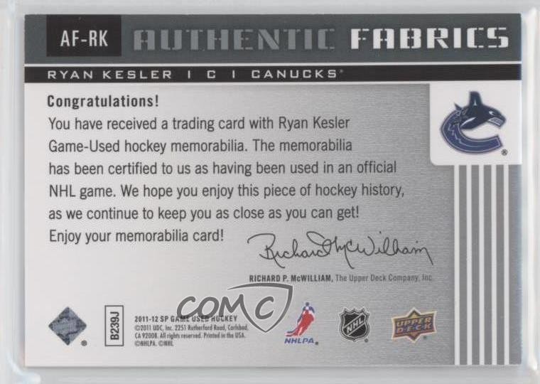 2011-12 SP Game Used Edition Authentic Fabrics /100 Ryan Kesler #AF-RK ...