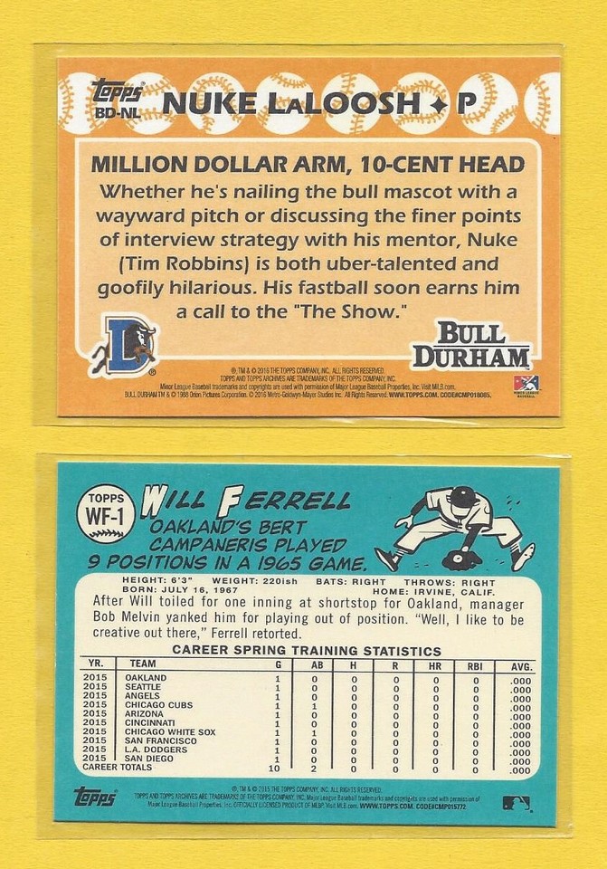 2015-2016 Topps ARCHIVES - BULL DURHAM "Nuke" & Will FERRELL - (2) Card ...