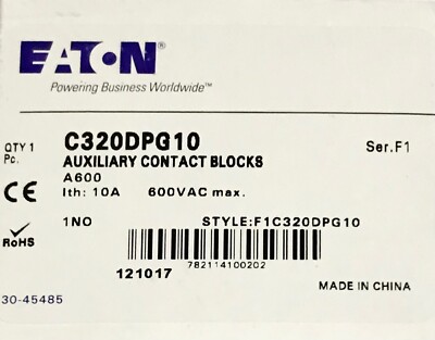 EATON CUTLER HAMMER C320DPG10 A600 1 NO Auxiliary Contact F1C320DPG10 ...
