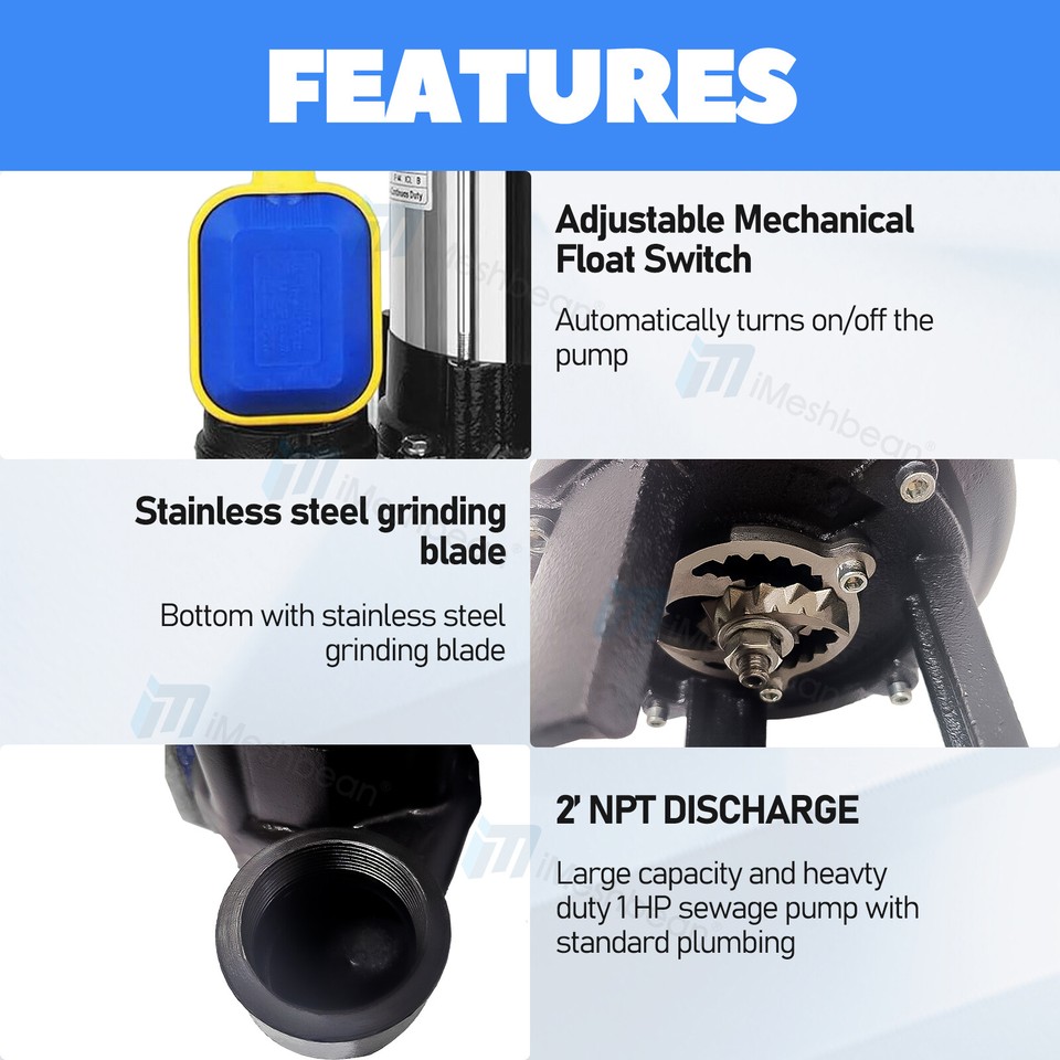 1.5HP Sewage Grinder Sump Pump W/Float Heavy Duty Stainless Steel 110V ...