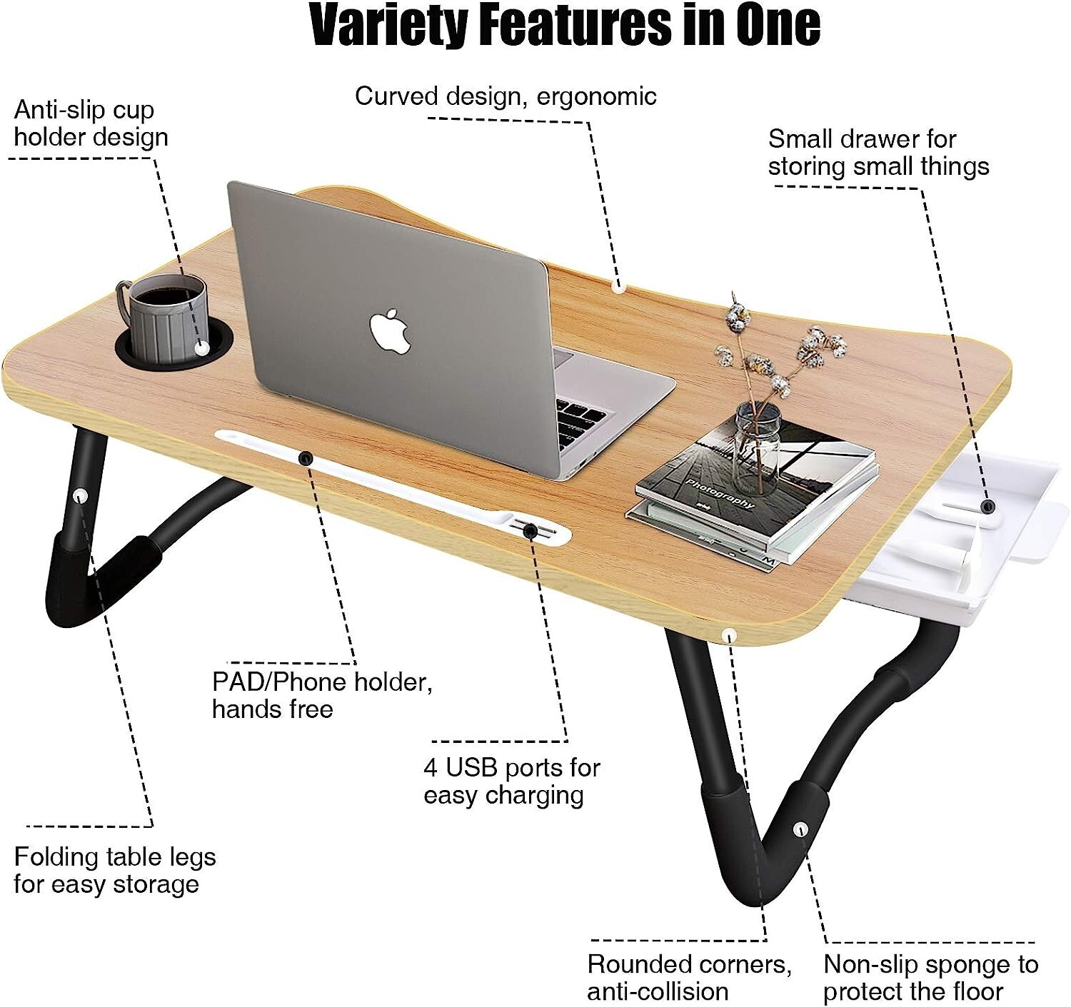 Laptop Bed Desk, Foldable Laptop Lap Desk Tray Table with USB Charge ...