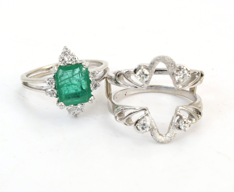 Vintage 2pc 14k White Gold Emerald & Diamonds Cocktail Dinner Ring Size 8 1/2 | eBay