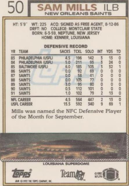 1992 Topps Sam Mills #50 for sale | eBay